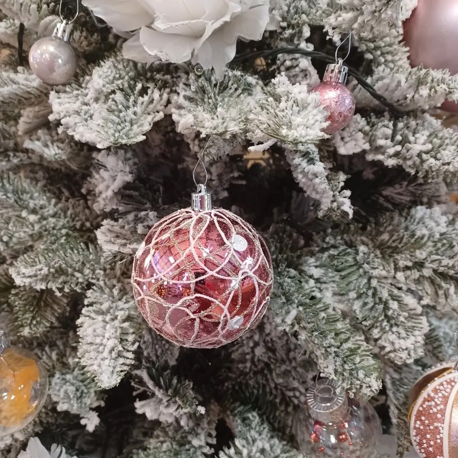 Sada vánočních ozdob růžová lesklá 8 cm plastové koule, balení 6 ks