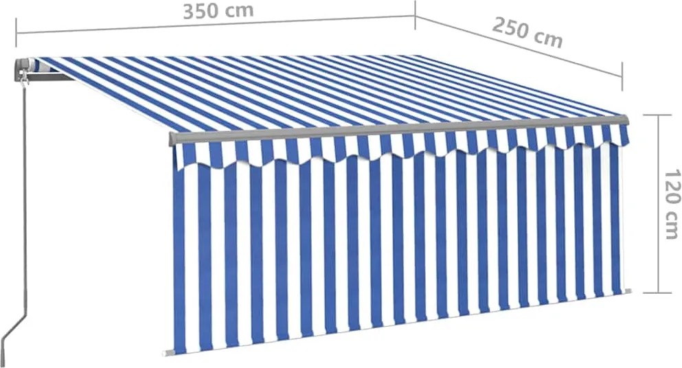 Ručně zatahovací markýza s roletou a LED 3,5 x 2,5 m modrobílá 3069401