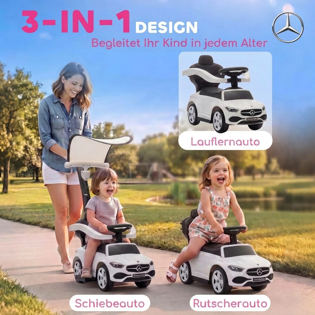 AIYAPLAY 3-v-1 jezdící auto s tlačnou tyčí Mercedes-Benz jezdící vozidlo s volantu, klaksonem, hudbou, střechou, úložným prostorem pod sedadlem, bílé