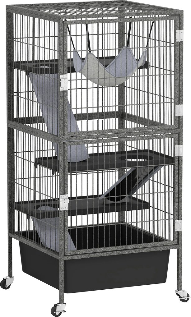 PawHut Kotec pro malé zvířata se 4 úrovněmi, králičí a fretčí chovatelská stanice s rampami, plošinami a houpacím sítem, s koly a brzdou, 52x52x115 cm