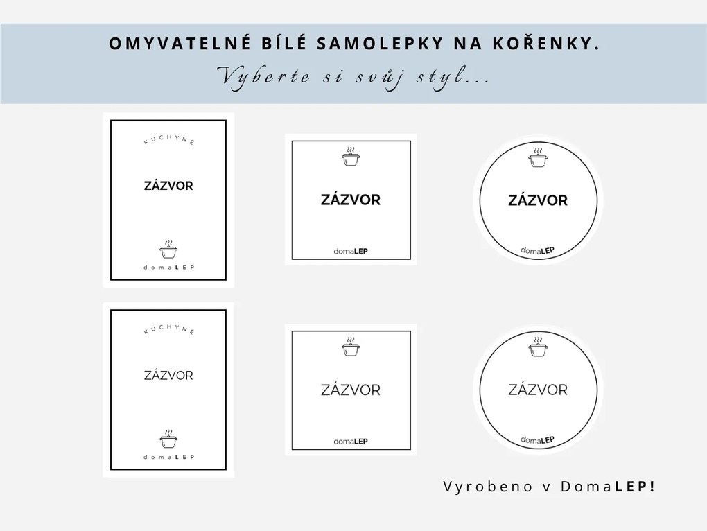 ZÁZVOR - omyvatelná samolepka na kořenky, výběr rozměrů Ø 5 cm / 5 x 5 cm / 6 x 8 cm | DomaLEP tvar: ČTVEREC, barva: BÍLÁ - ČERNÉ písmo, velikost: š. 5 cm x v. 5 cm - základní písmo