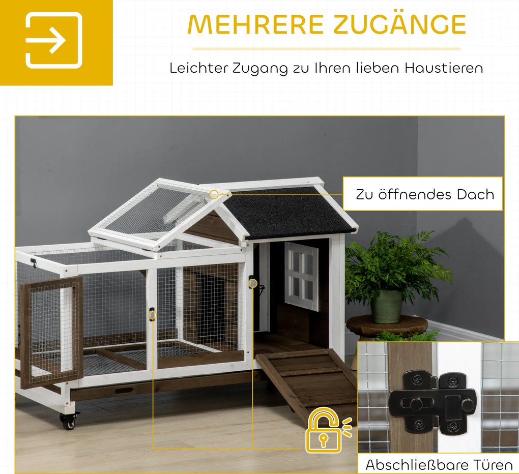 Dřevěný Králíčí Kotec PawHut na Kolečkách - Kotec pro Králíky s Klopenou Střechou a Odjímatelným Táckem - Vnitřní a Venkovní Kotec pro Králíky 108x58…