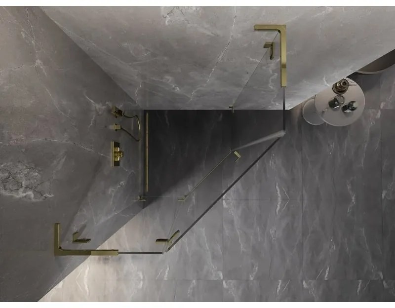 Mexen Lunar, L pětiúhelníkový sprchový kout naklápěcí doleva 100 x 100 cm, 8mm čiré sklo, zlatý profil, 831L-100L-100P-50-00-L