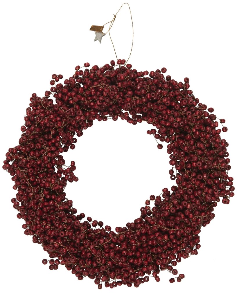 Ib Laursen Korálkový věneček Wooden Beads Red Ø 25 cm, červená barva, dřevo