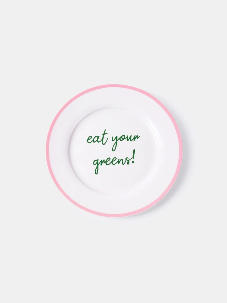 Sinsay - Keramický talíř s nápisem "eat your greens!" a růžovým okrajem - pastelová růžová