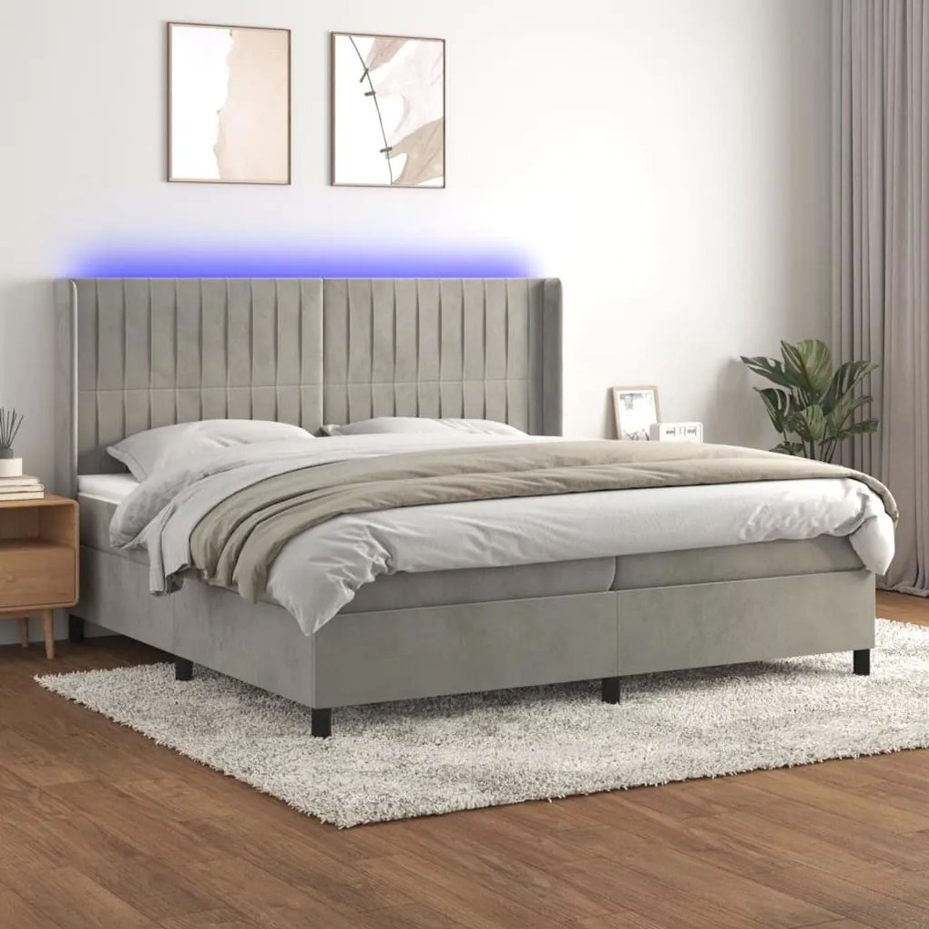 Box spring postel s matrací a LED světle šedá 200x200 cm samet
