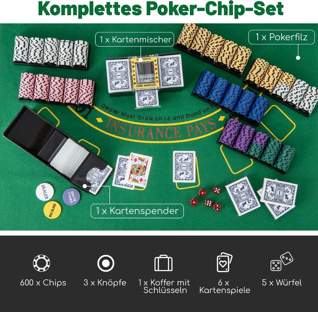 Costway 600-dílná sada pokerových žetonů 14 gramové žetony Claytec s černou