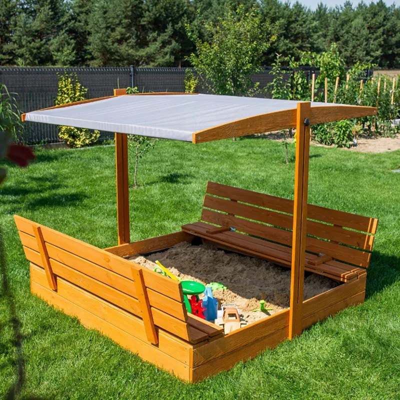 Uzavíratelné pískoviště s lavičkami a stříškou šedé barvy 120 x 120 cm