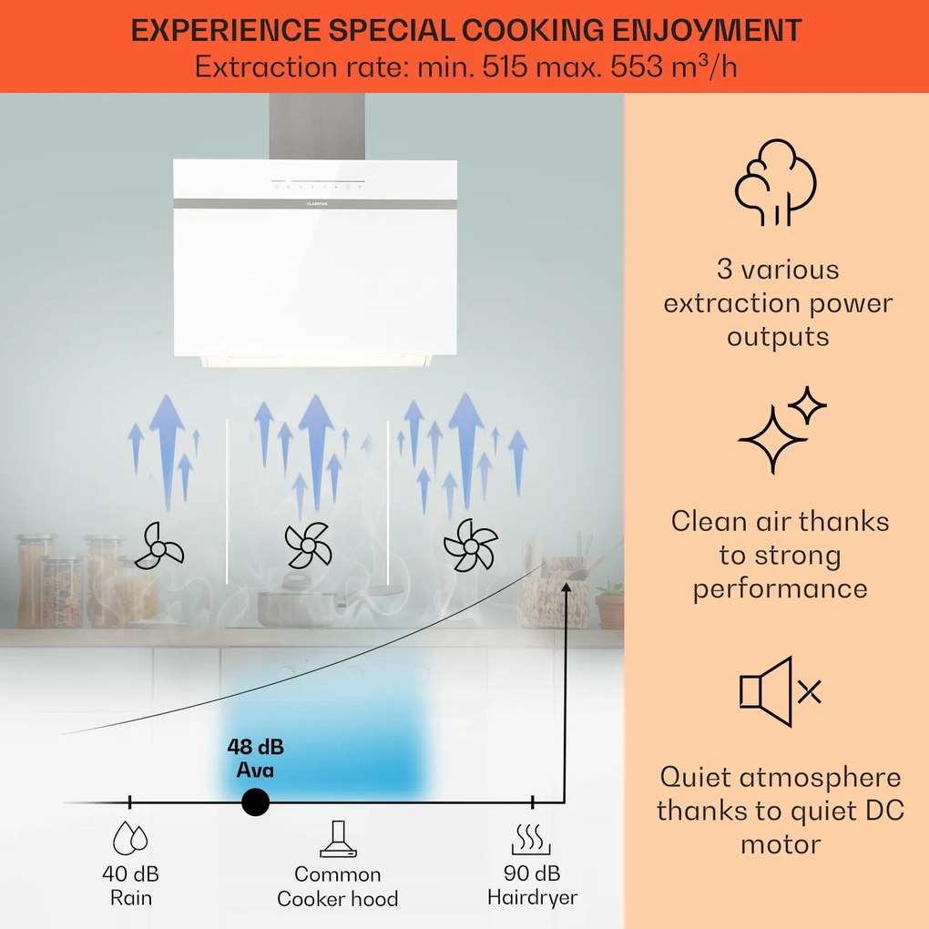 Klarstein Ava 60 Smart, digestoř, 60 cm, nástěnná, Wi-Fi, A++, 515 m³/h,dotykový displej