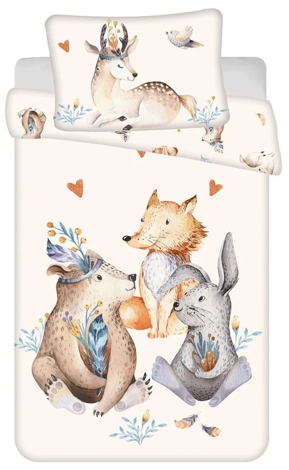Béžové bavlněné dětské povlečení do postýlky 100x135 cm Animals "Woodland" – Jerry Fabrics