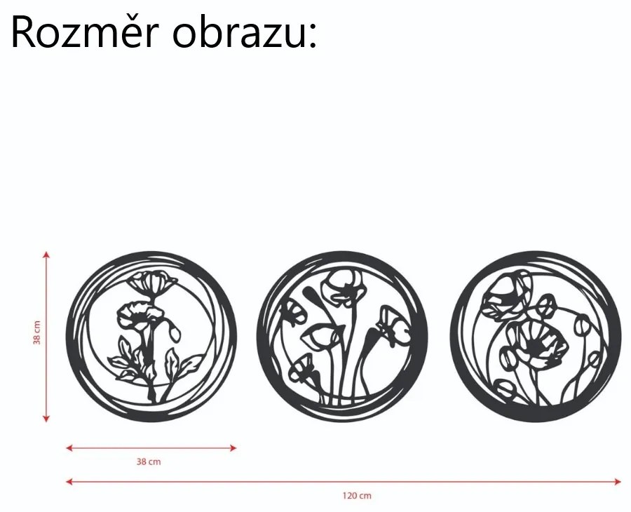 Živá Zeď Dřevěná nástěnná třídílná dekorace Vlčí máky černé