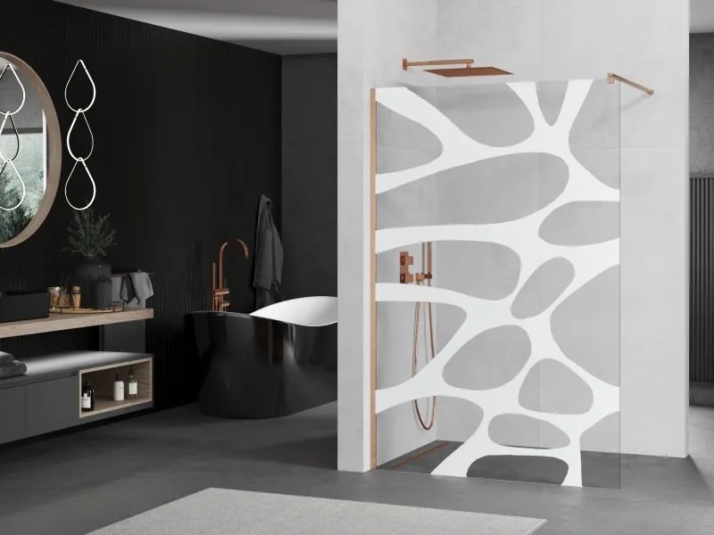 Mexen Kioto, sprchová zástěna Walk-In 110 x 200 cm, 8mm čiré sklo bílý vzor, měděný matný profil, 800-110-101-65-97