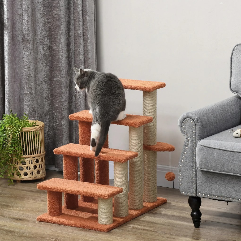 PawHut 4stupňové schody pro kočky se škrabadlem pro domácí mazlíčky do 5 kg, schody pro psy s míčkem na hraní, plyš, hnědá, 60 x 40 x 64 cm