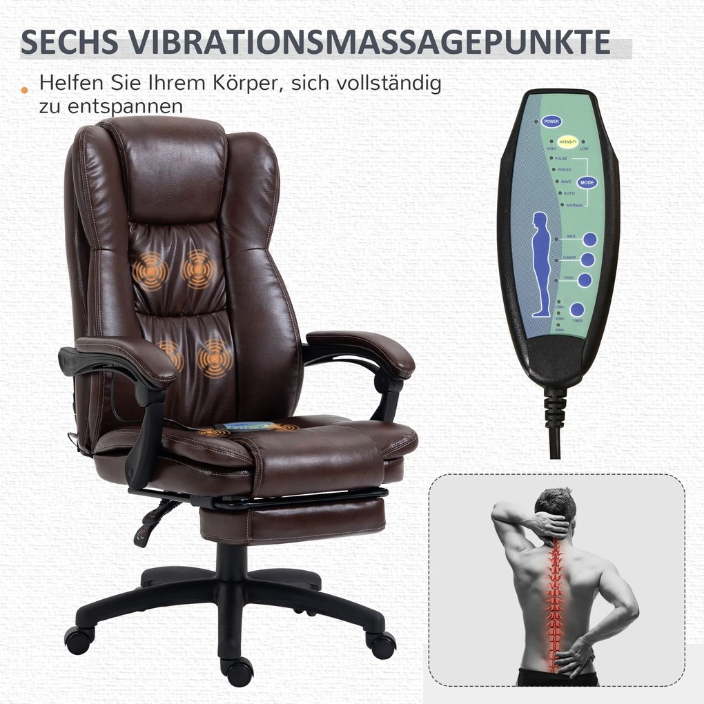 Kožená kancelářská židle Vinsetto s masážní funkcí a funkcí polohování, ergonomická kancelářská židle s podnožkou v hnědé barvě | Aosom.de