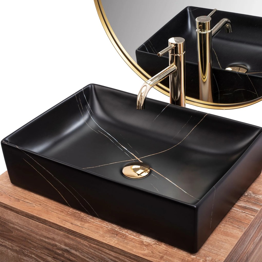 Rea Inga Marble, keramické umyvadlo na desku 51x35 cm, černá matná, REA-U8006