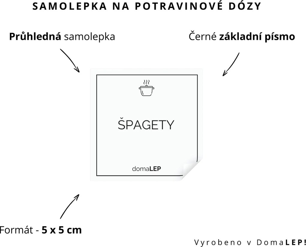 ŠPAGETY - omyvatelná samolepka na dózu, výběr rozměrů Ø 5 cm / 5 x 5 cm / 6 x 8 cm | DomaLEP tvar: OBDÉLNÍK, barva: PRŮHLEDNÁ - ČERNÉ písmo, velikost: š. 6 cm x v. 8 cm - tučné písmo