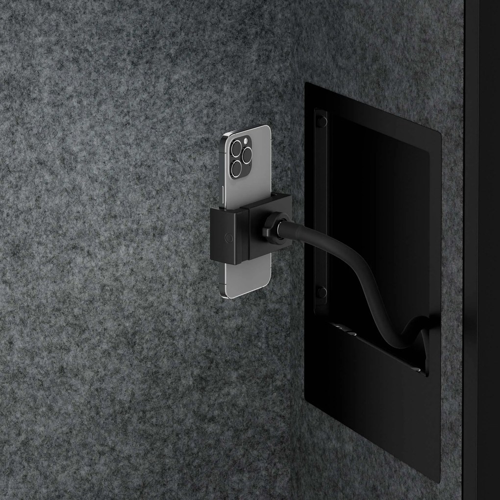 Kancelářská akustická kabina se sedátkem a USB-C portem, korpus černý / sedák šedá, 1150 mm: SALLY MentalBox