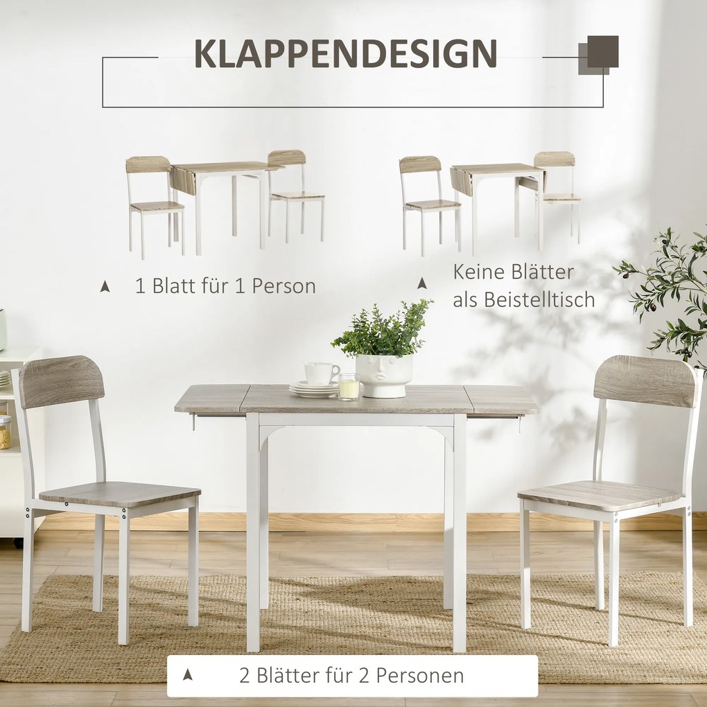 HOMCOM 3 TLG jídelní set se 2 židlemi a 1 stolem skládací deska 120 x 60 x 75 cm ocel MDF přírodní bílá ideální do kuchyně a jídelny