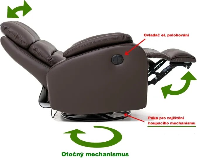 Kožené houpací křeslo s elektrickým polohováním ELEGANT 1, tm. hnědá