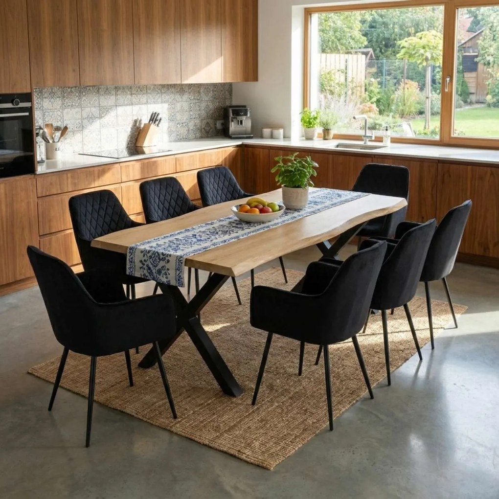 Vikio Jídelní set pro 8 osob 180x90 cm soft dub noha X černá židle s područkami VJS228-8C