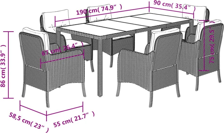 7dílný zahradní jídelní set s poduškami černý polyratan 3211852