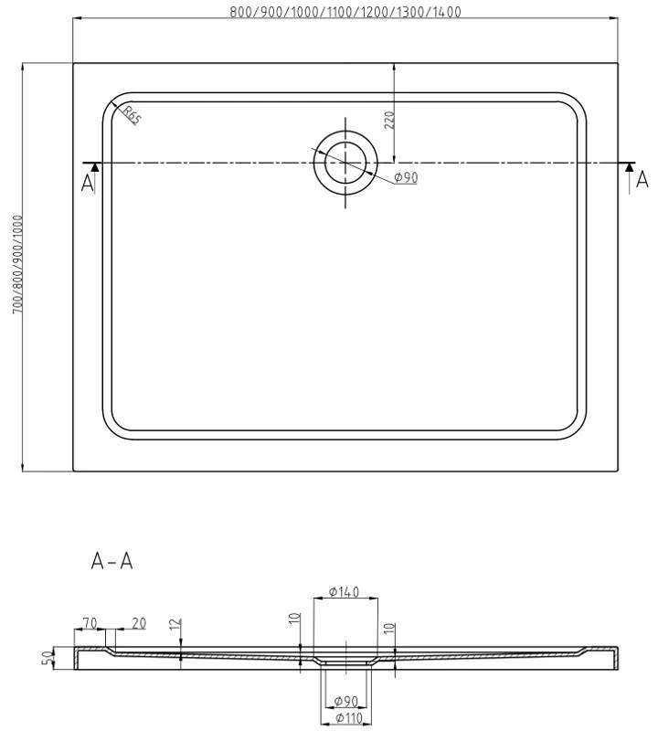 Mexen Flat obdélníková vanička do sprchového koutu slim 120 x 90 cm, Bílá, sifon Černá - 40109012B