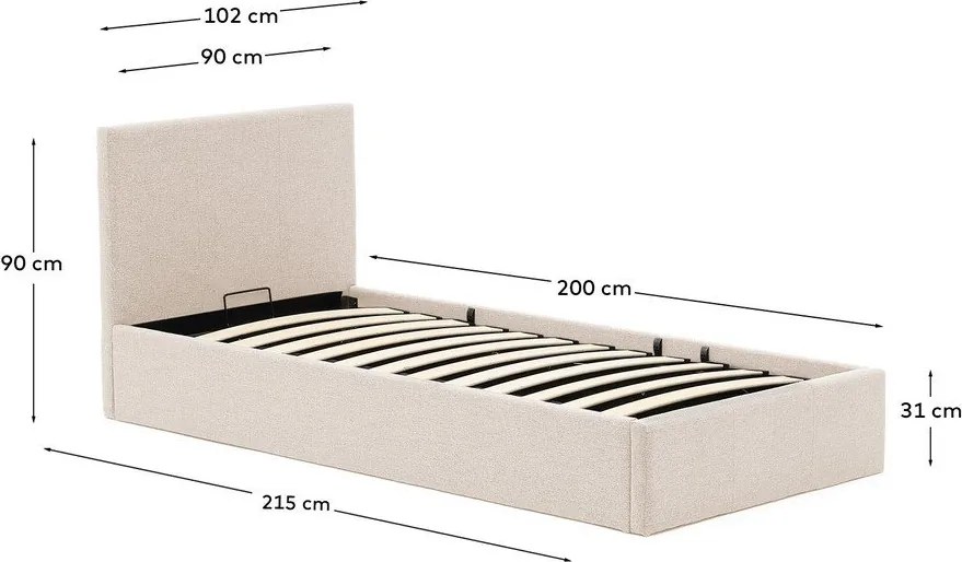 Béžová čalouněná jednolůžková postel s úložným prostorem s roštem 90x200 cm Nahiri – Kave Home