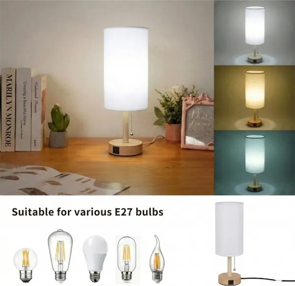 Brilagi - Stolní lampa s USB portem TABLON 1xE27/25W/230V dub/béžová/bílá