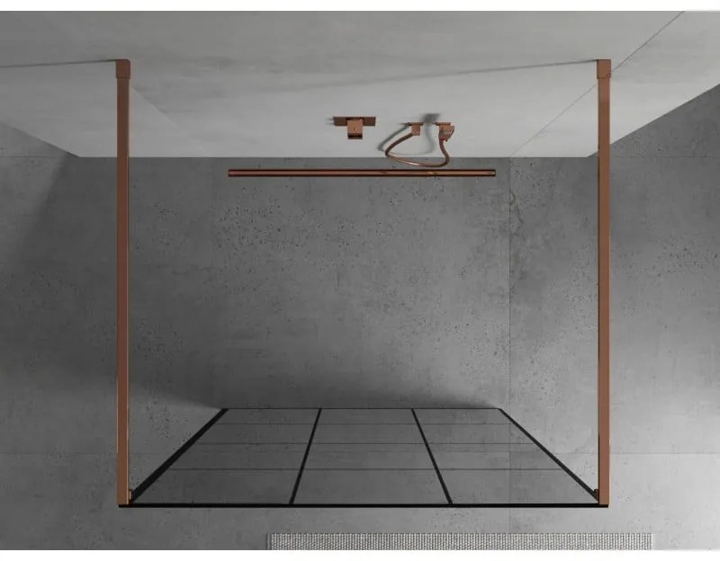 Mexen Kioto, průchozí sprchová zástěna 100 x 200 cm, 8mm sklo čiré/černý vzor, 2x růžové zlato stabilizační rozpěra, 800-100-002-60-77