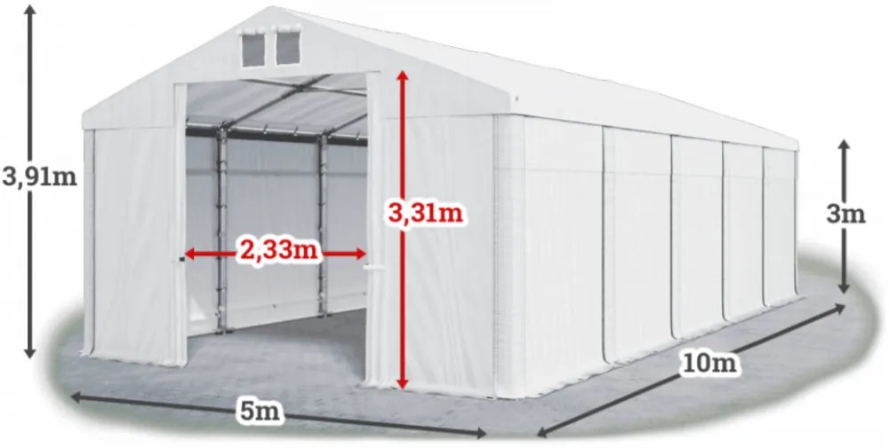 Garážový stan 5x10x3m střecha PVC 560g/m2 boky PVC 500g/m2 konstrukce ZIMA Zelená Šedá Modré