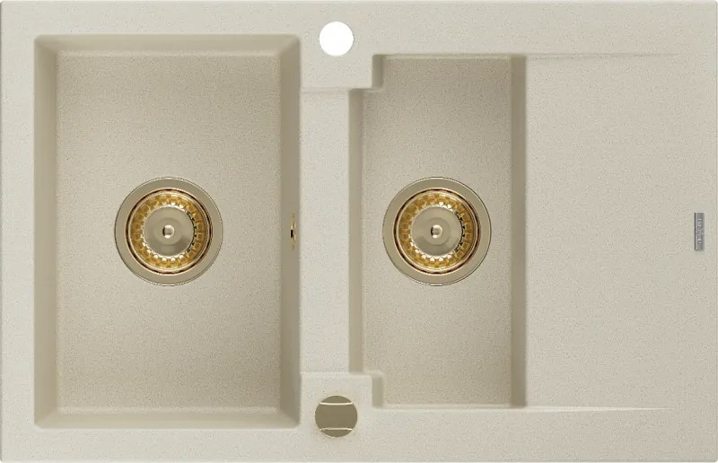 Mexen Gaspar, granitový dřez 737x475x177 mm, 1,5-komorový, béžová se zlatým sifonem, 6507731505-69-G