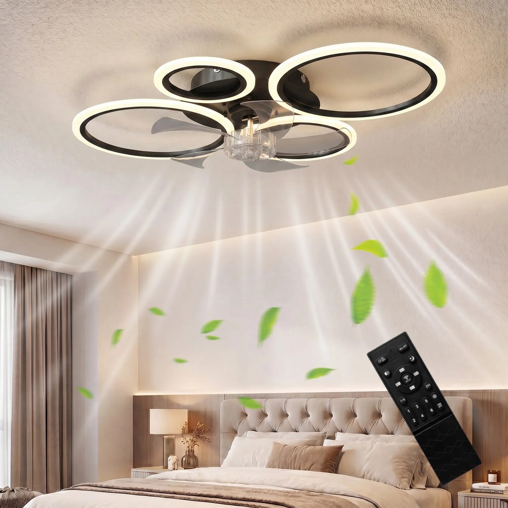 HOMCOM LED stropní ventilátor se světlem, tichý 30" (77 cm) s dálkovým ovládáním — 6 rychlostí, 3 teploty světla, DC motor, časovač — černý
