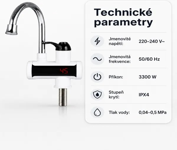 Průtokový ohřívač vody 3300 W s LCD displejem PW15419