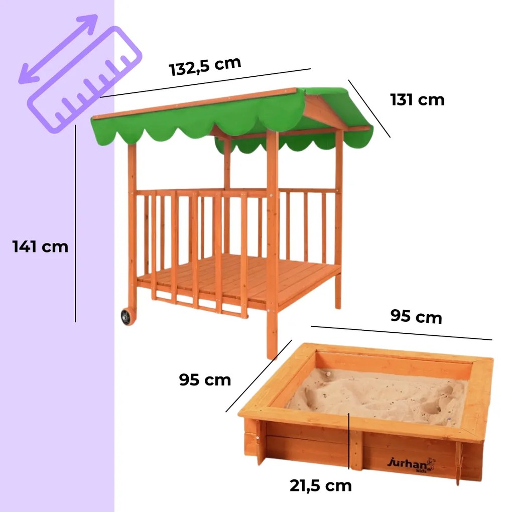 Pískoviště s verandou HAPPY, 130x130x143cm, hnědá/zelená Jurhan