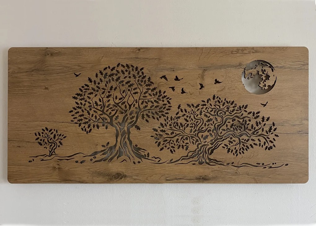 Li-Go "Tři duby a měsíc" světelný obraz s baterií 90x40cm varianta: ovládání na obraze včetně dálkového ovladače, provedení: bříza