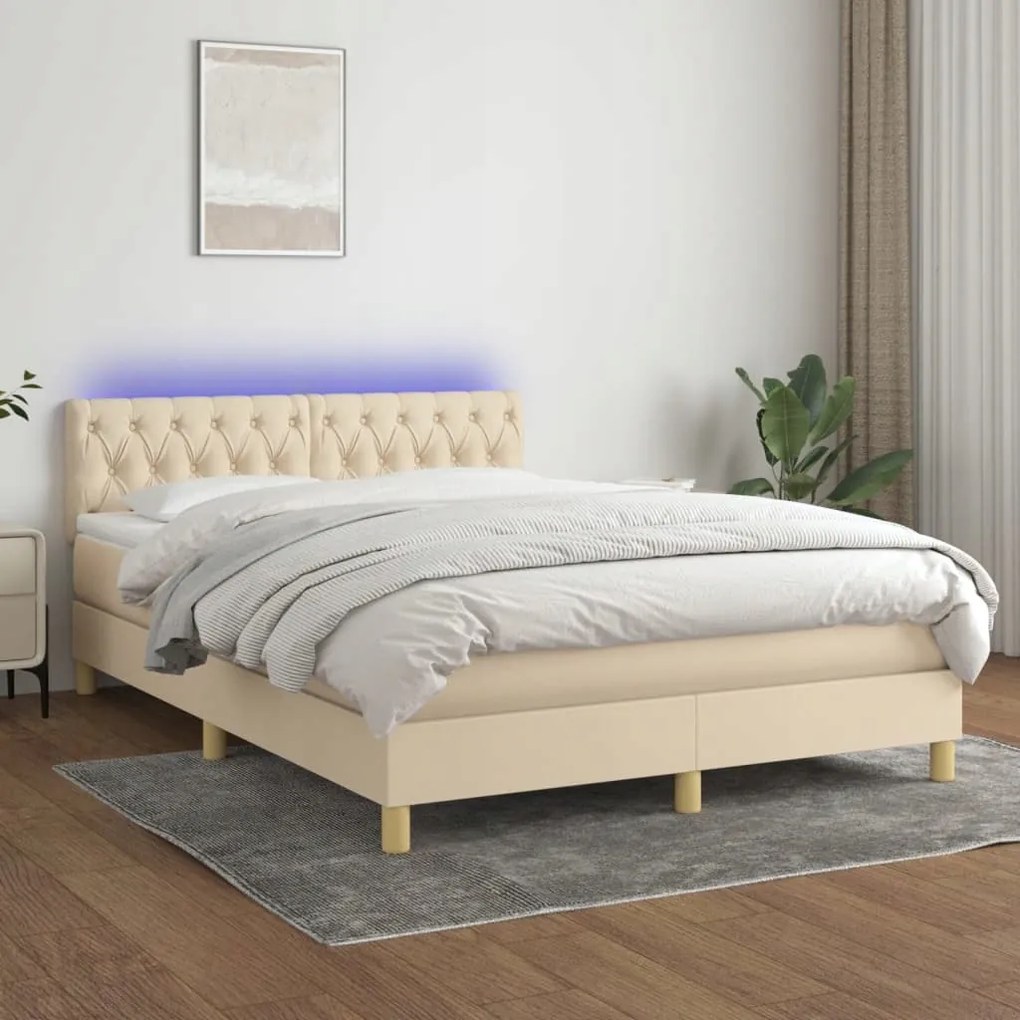 Box Spring Postel S Matrací A Led Textil Krémová Prošívaný design 140 x 1