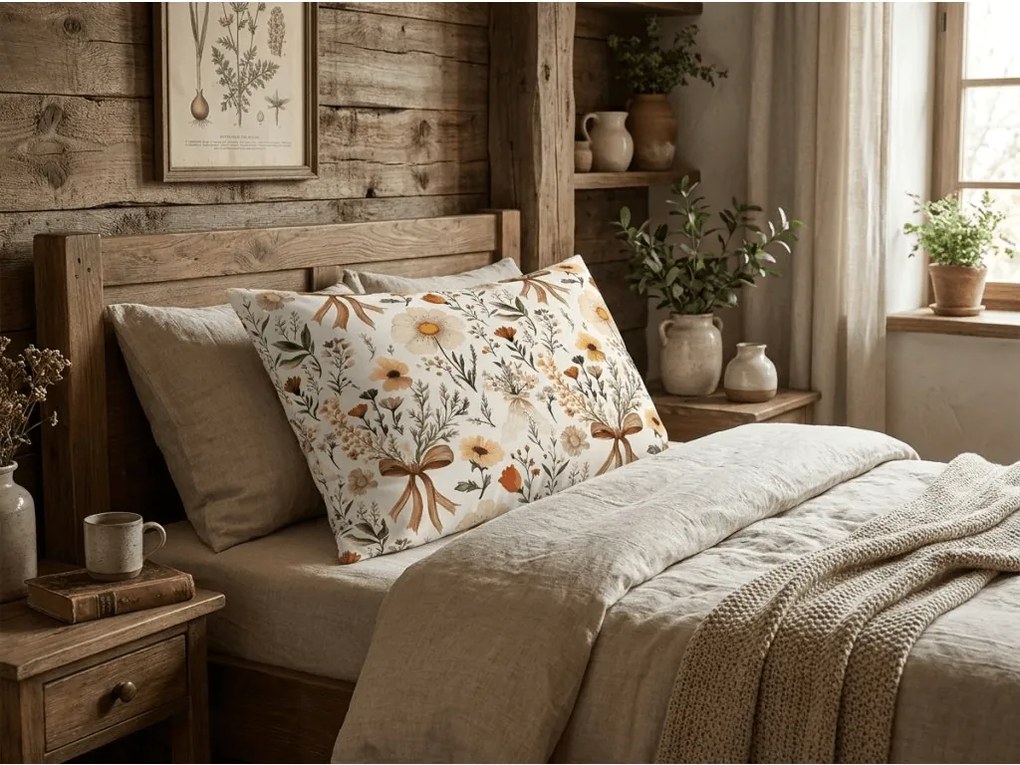 Polybavlněný povlak na polštář FLORAL RIBBON POLY 70x90 cm, krémový