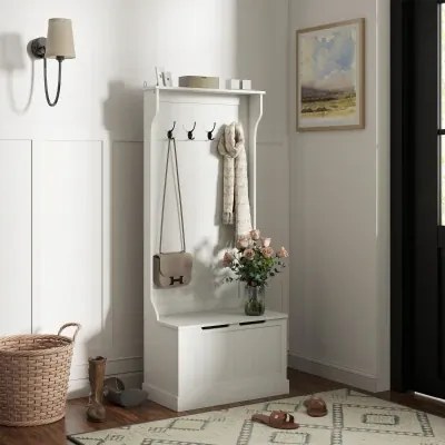 HOMCOM botník s úložnou lavicí, 4 háčky, moderní styl, 71,5x39,5x170 cm, bílá
