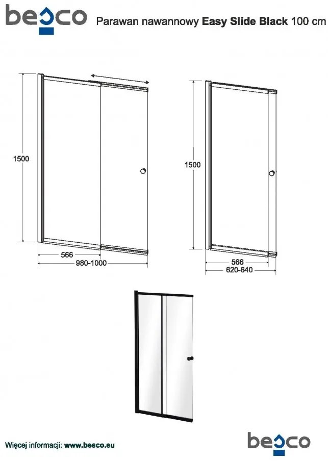 BESCO Vanová zástěna EASY SLIDE BLACK BARVA rámu - Černá matná, Rozměr A - 100 cm, Směr zavírání - Univerzální Levé / Pravé, Výplň - Čiré bezpečnostní sklo - 4 mm BCEASL100BC