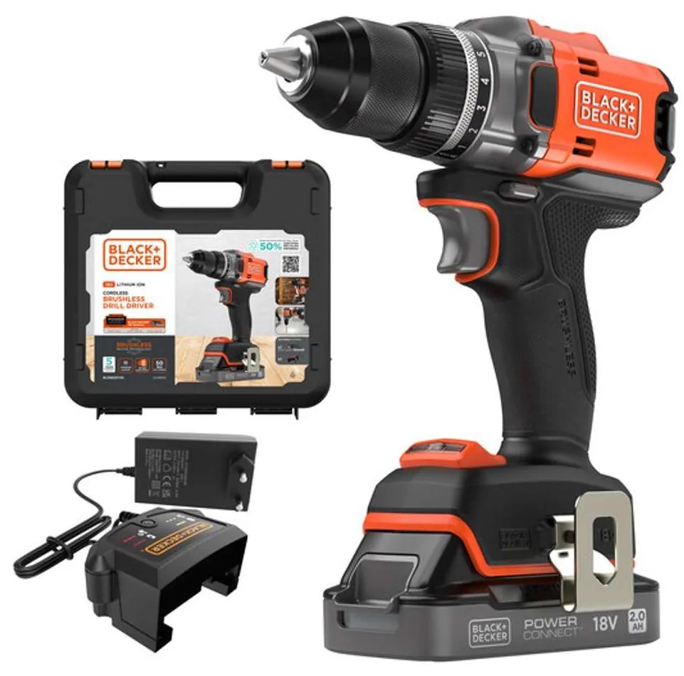 BLACK+DECKER Nářadí - 18V AKU vrtací šroubovák, 1x aku 2,0 Ah Li-Ion, nabíječka BLD682D1XK-QW