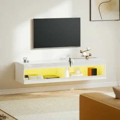 HOMCOM závěsný televizní nábytek s LED světly a dálkovým ovládáním, s přihrádkami, průchody pro kabely, 140x40x30 cm, vysoký lesk, bílá