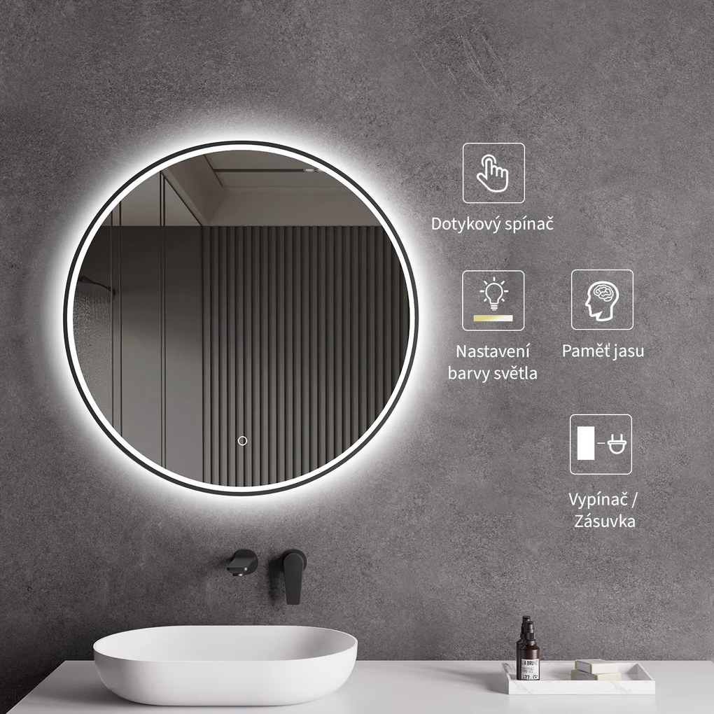 CERANO - Koupelnové LED zrcadlo Vito, kovový rám - černá matná - Ø 60 cm