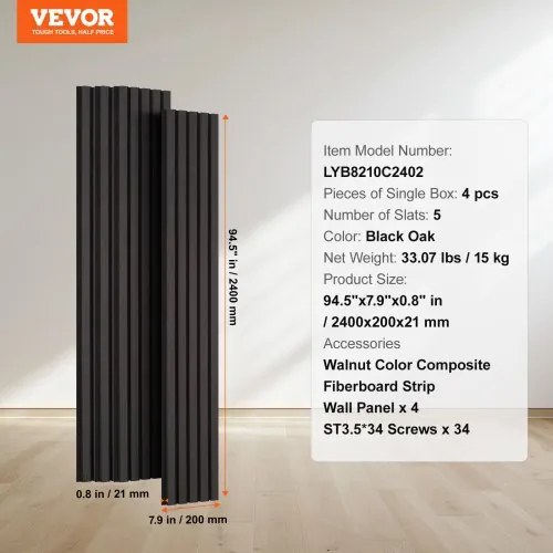 Dřevěné lamelové akustické panely 20,1 × 240 cm pro moderní nástěnný dekor Černý dub