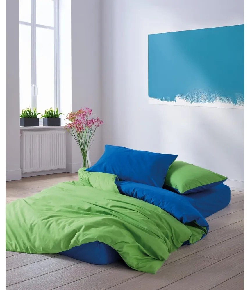 Zelené/modré povlečení na dvoulůžko/prodloužené z bavlny Renforcé s prostěradlem/4dílné 200x220 cm Sage – Mijolnir