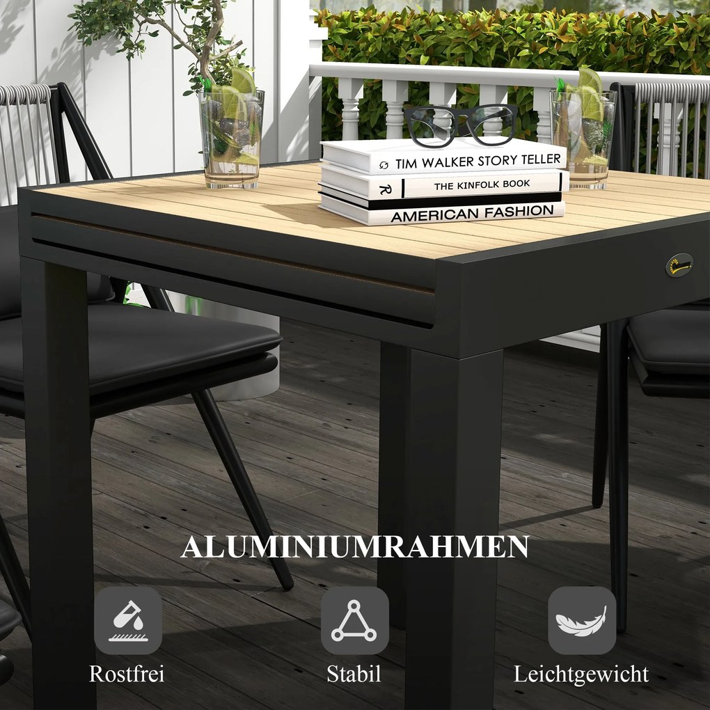 Zahradní stůl Outsunny pro 6 osob – Rozkládací stůl na balkon s kapacitou zatížení až 70 kg – Hliník, žlutý, 81/162 x 80 x 75 cm