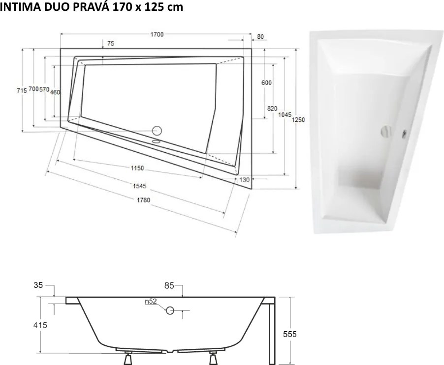 Besco Intima Duo asymetrická vana 170 x 125 cm pravá bílá VANINTID17P