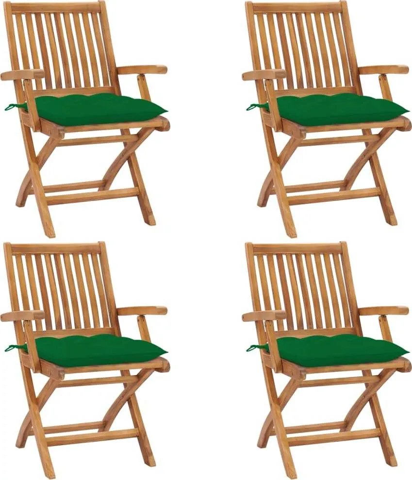 vidaXL Skládací zahradní židle s poduškami 4 ks masivní teak [3072738] Barva: Jasně zelená