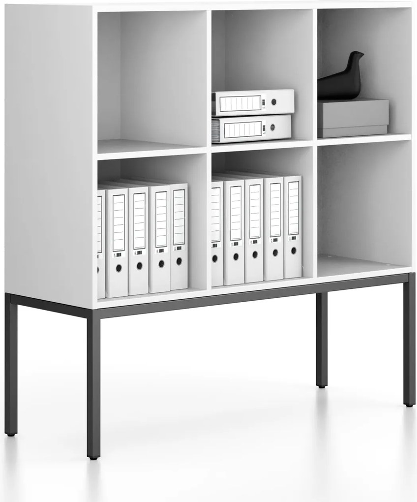 Regál FRAME, nízký, s černou podnoží, 1299 x 450 x 1331 mm, bílá
