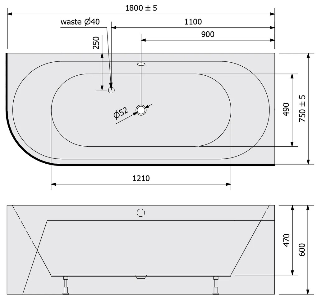 Polysan, VIVA R MONOLITH asymetrická vana 180x75x60cm, bílá, 72129M