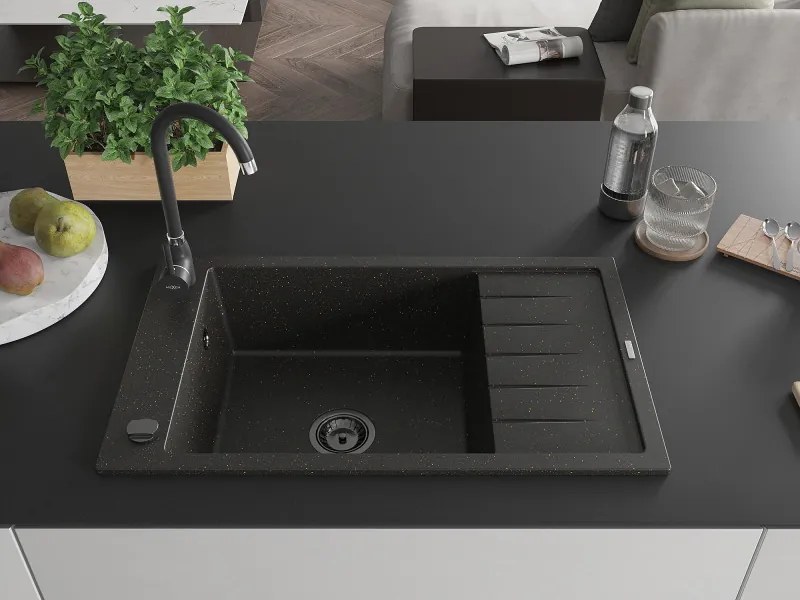 Mexen Elias, granitový dřez granitový 795x480x200 mm, 1-komorový, černá-zlatá metalíza s černým sifonem, 6511791005-75-B